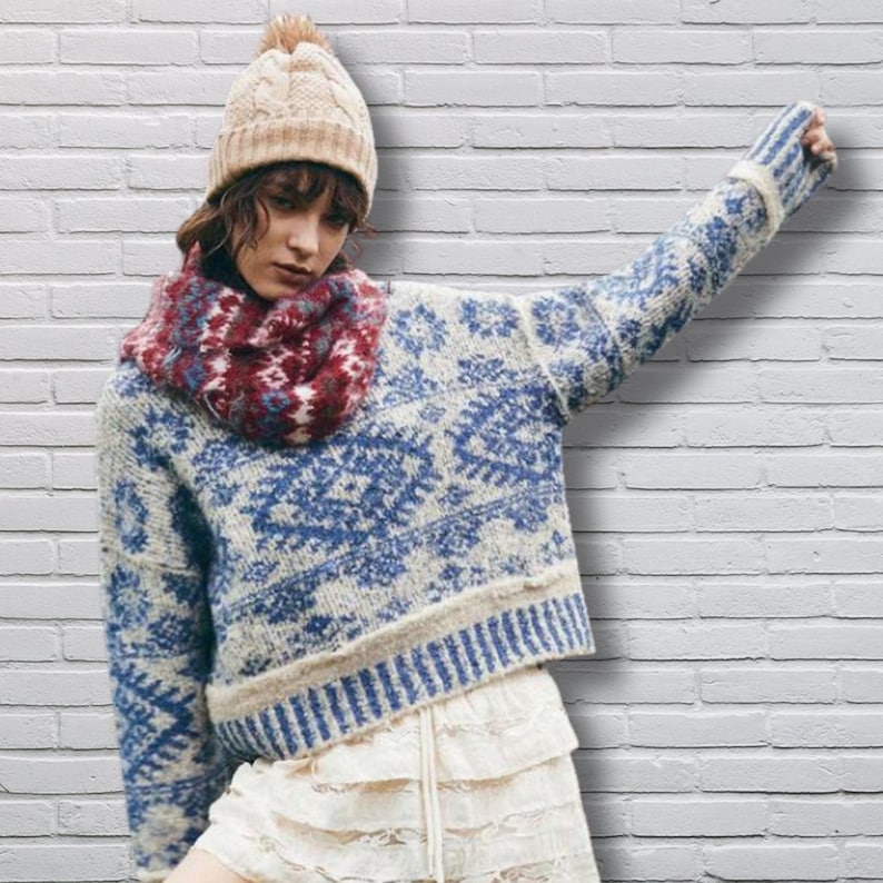 Women's Vintage Fair Isle Jacquard Fuzzy Knit Sweater -boho Autumn ...