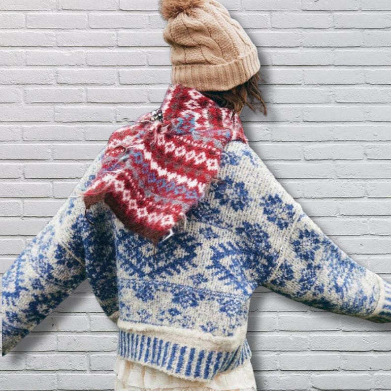 Women's Vintage Fair Isle Jacquard Fuzzy Knit Sweater -boho Autumn ...