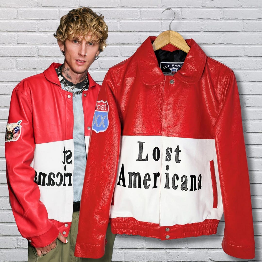 MGK Inspired Red Leather Bomber Jacket: Lost Americana Embroidered ...