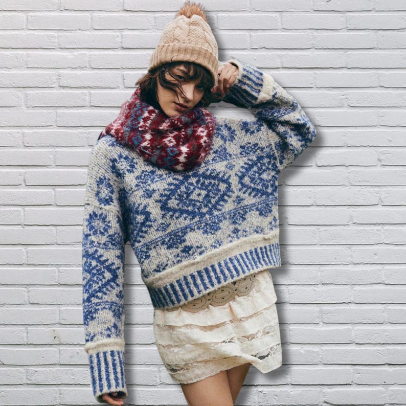 Women's Vintage Fair Isle Jacquard Fuzzy Knit Sweater -boho Autumn ...