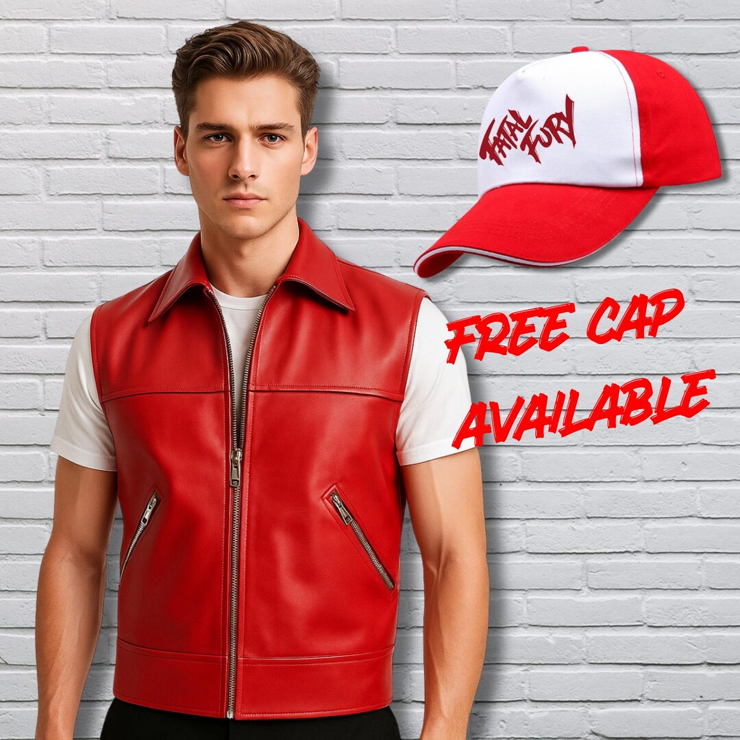 Terry Bogard Red Leather Cosplay Jacket | Fighting Fury Free Cap - Etsy