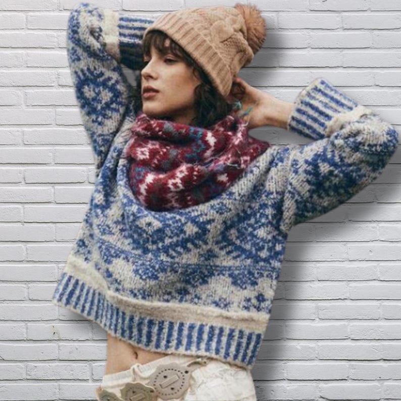 Women's Vintage Fair Isle Jacquard Fuzzy Knit Sweater -boho Autumn ...