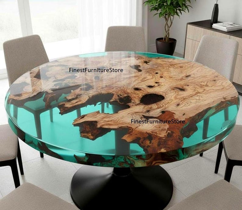 Round Epoxy Resin Dining Table Top | Live Edge Wood & Aqua Resin Table ...