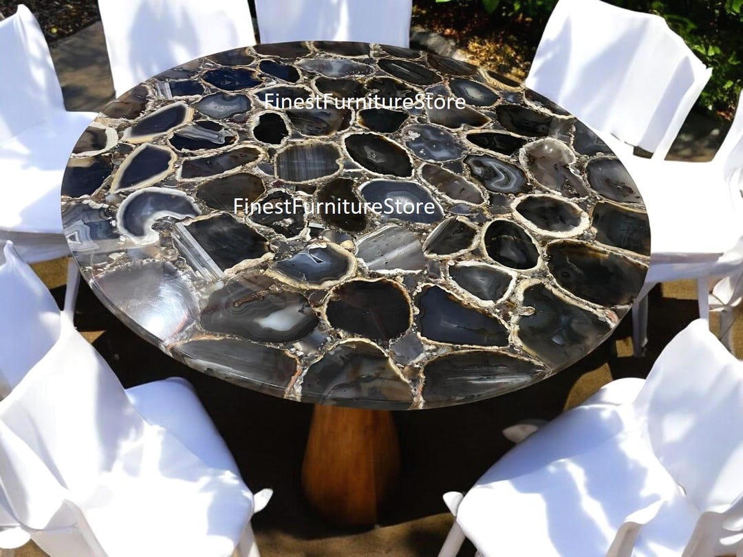 Bespoke Black & Grey Agate Stone Mosaic Table | Large Round Agate ...