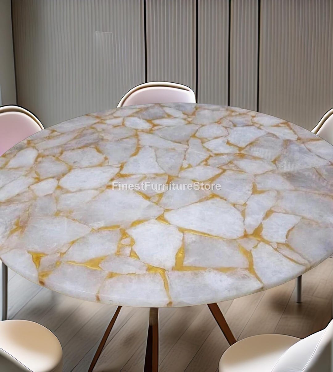 Round White Agate Table Top With Gold Veins | Luxury Stone Inlay Dining ...