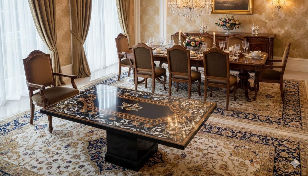 Custom Rectangular Pietra Dura Desk | Black Marble Bird & Floral Inlay ...