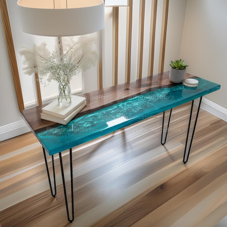Live Edge Blue Epoxy River Console Table Top | Handmade Walnut Wood ...
