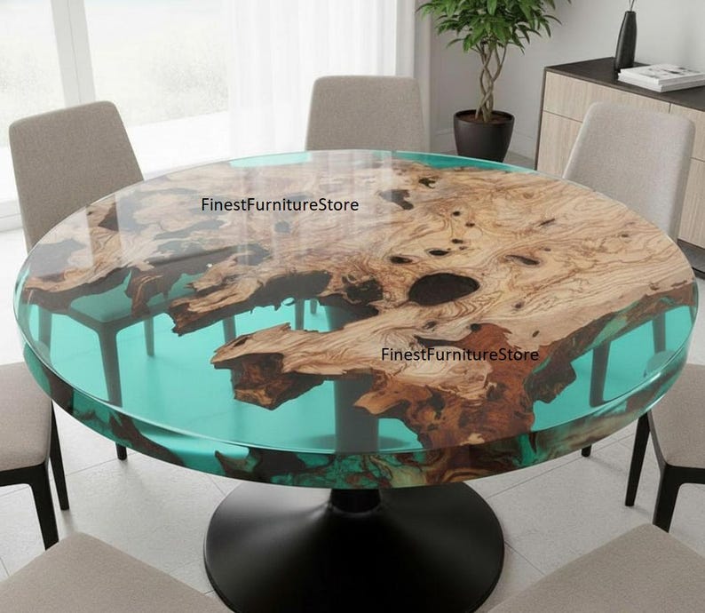 Handmade Round Live Edge Wood & Aqua Resin Table Top - Etsy