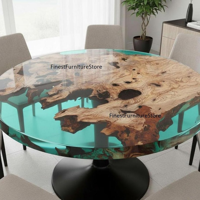 Handmade Round Live Edge Wood & Aqua Resin Table Top - Etsy