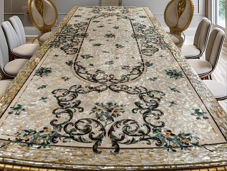 Handcrafted Abalone Shell Inlay Dining Table | White Marble Tabletop ...
