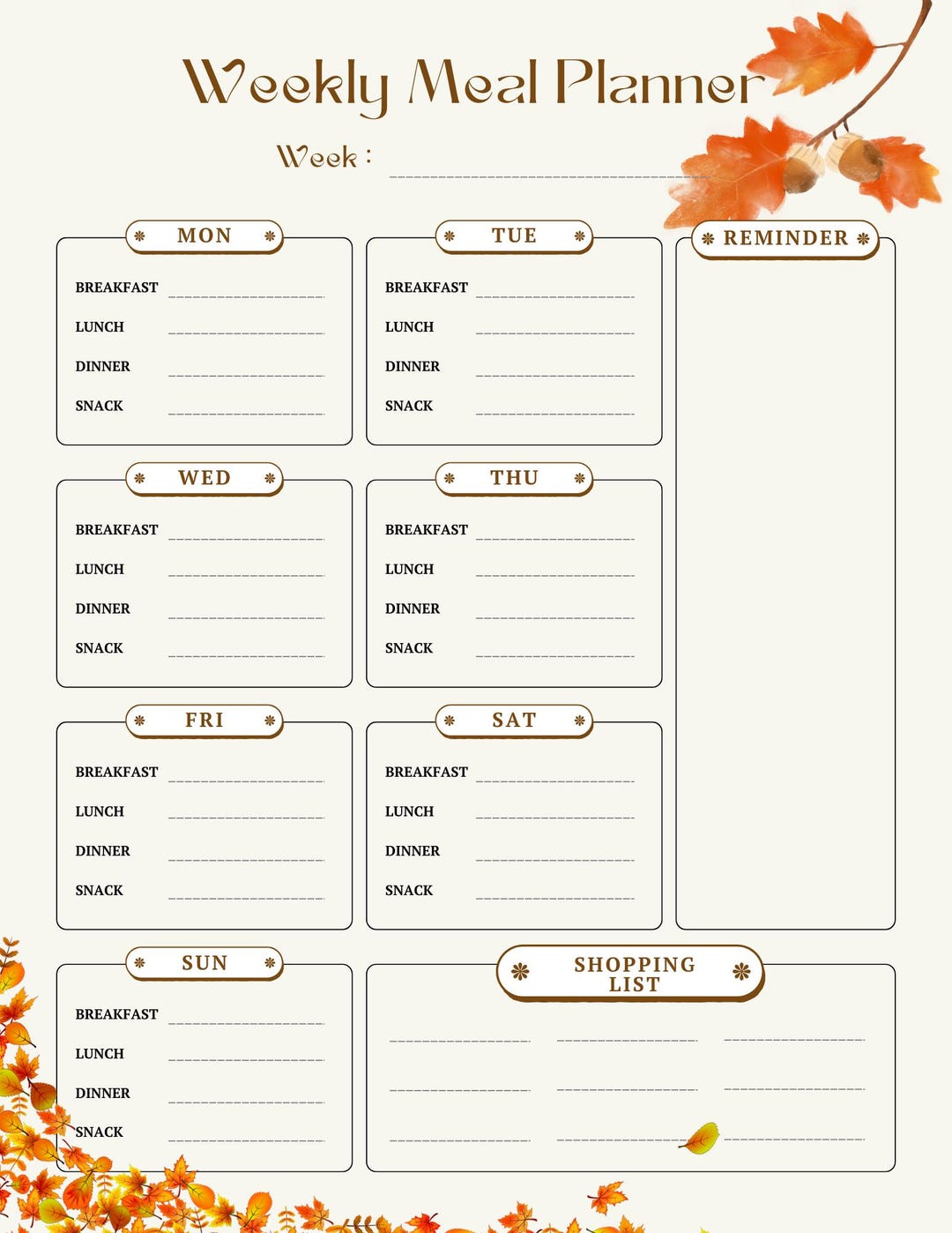 Fall-themed Digital Food Planner | Printable Weekly Meal Planner ...