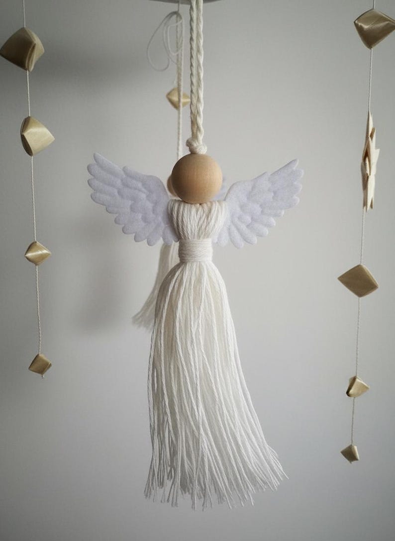 Angel Baby Crib Mobile – Macrame Angels With Straw Stars, Wicker Hoop ...