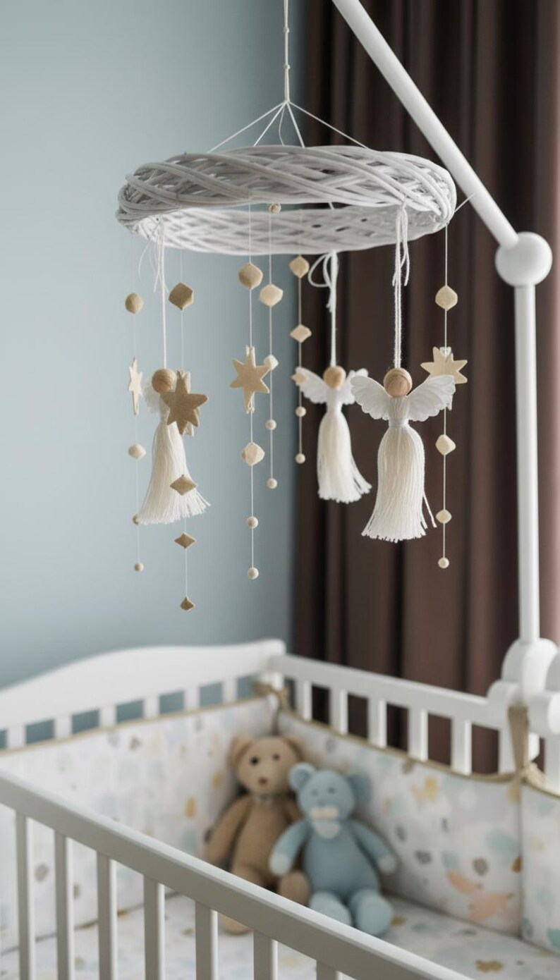 Angel Baby Crib Mobile – Macrame Angels With Straw Stars, Wicker Hoop ...