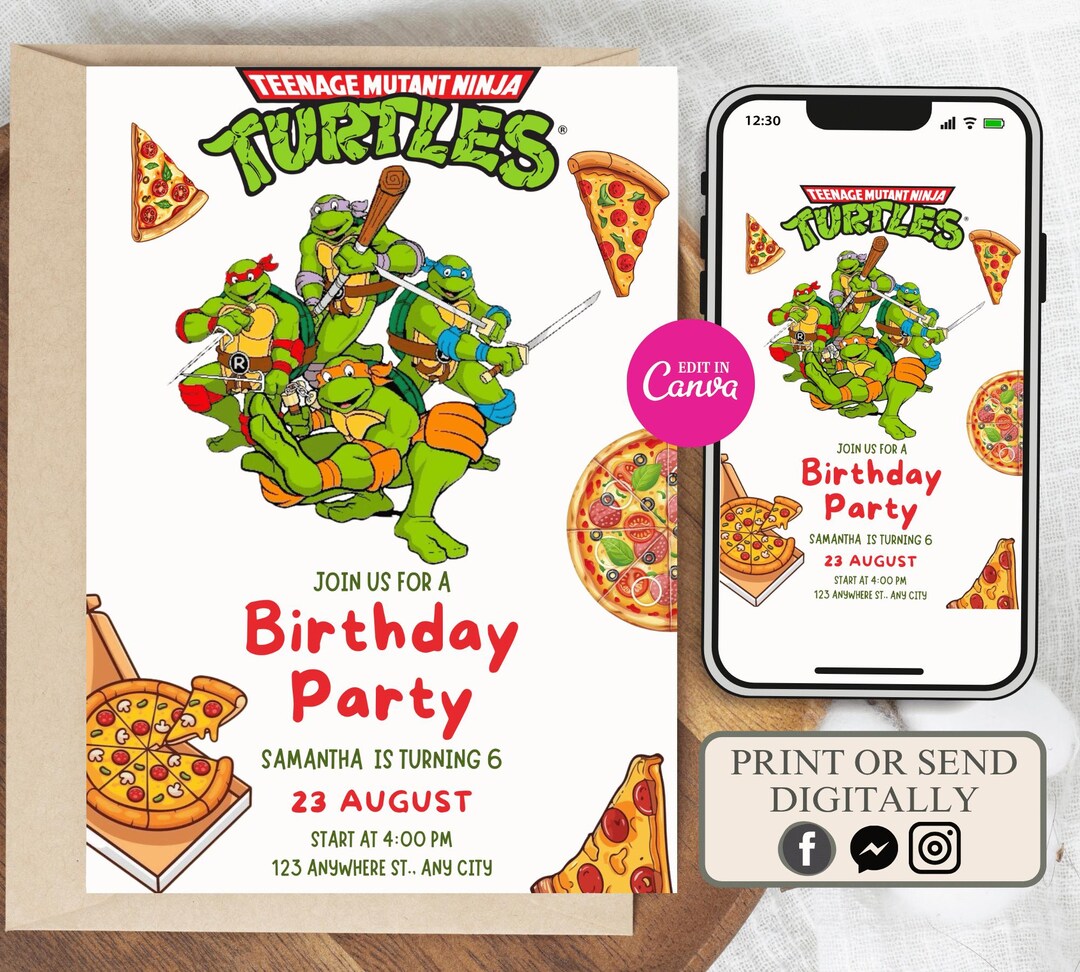 Editable Teenage Mutant Ninja Turtle Birthday Invite, Printable Ninja ...