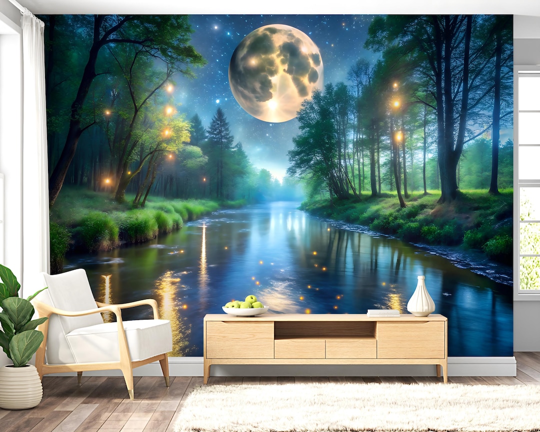 Lunar River Wall Mural: Magical Forest Reflection - Etsy