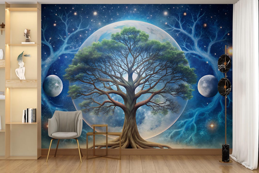 Tree of Life Moon Wall Mural: Spiritual Celestial Roots Landscape - Etsy
