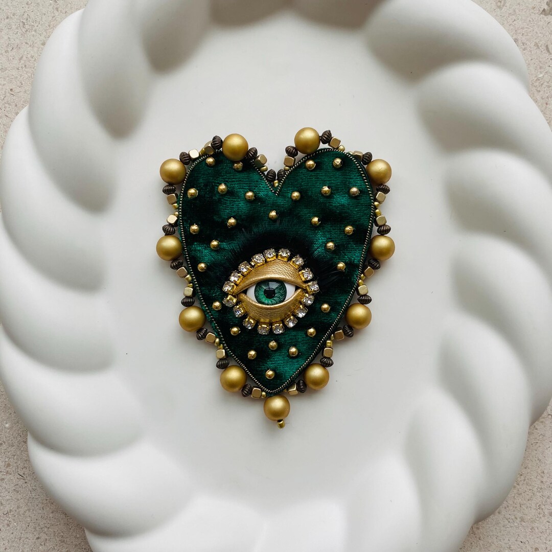 Green Velvet Sacred Heart Eye Patch - Beaded Evil Eye Applique With ...