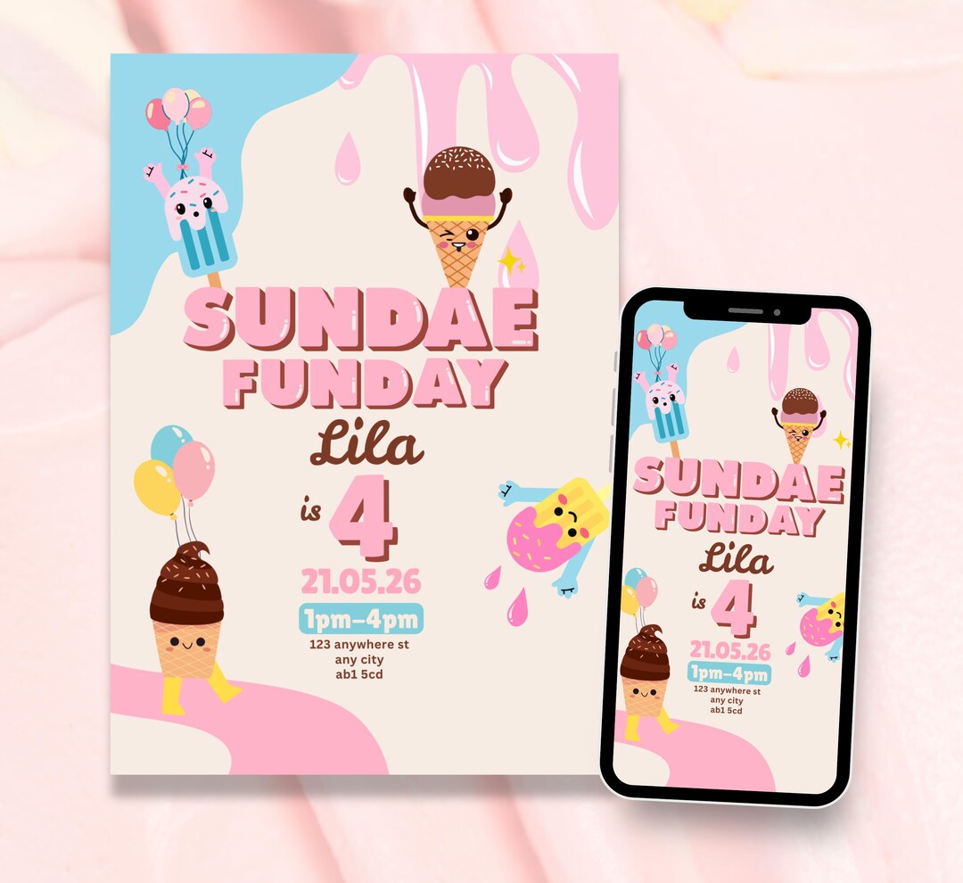 Sundae Funday Children's Birthday Invitation Template | Editable Canva ...