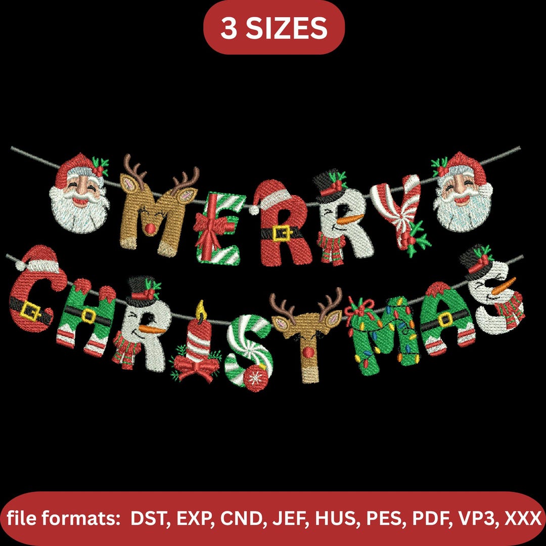 Merry Christmas Banner Embroidery Design, Santa Reindeer Snowman ...