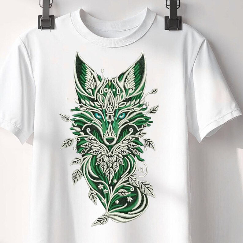 Night Fox With Leaves Machine Embroidery, Green Nature Wolf Machine ...