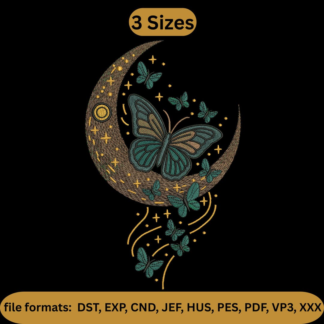 Moon Butterfly Embroidery Design, Crescent Moon Celestial Machine ...