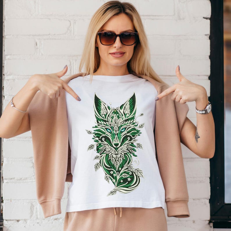 Night Fox With Leaves Machine Embroidery, Green Nature Wolf Machine ...