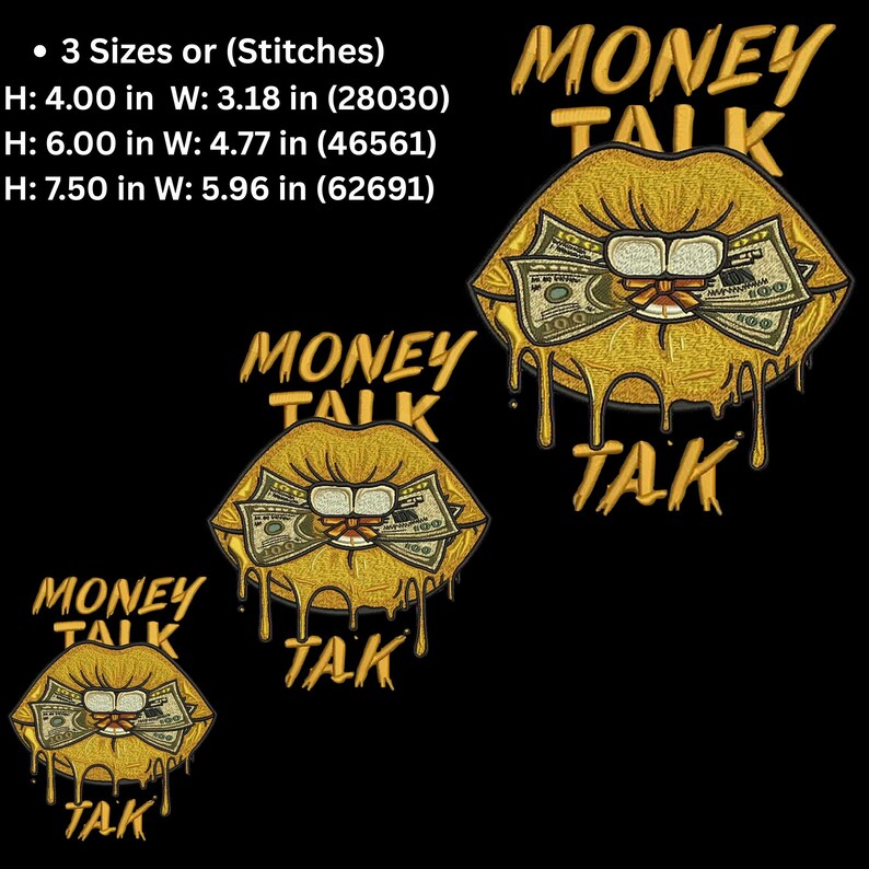 Money Talk Dripping Lips Embroidery Design, Dollar Bill Lips Pattern ...