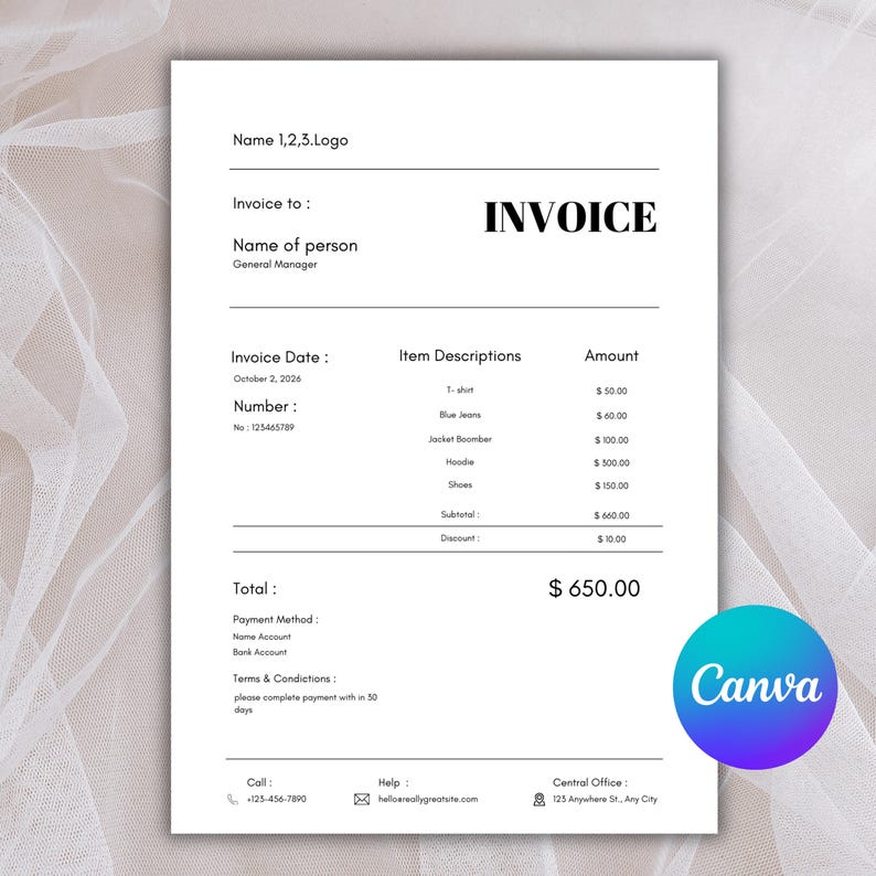 Minimalist Invoice Template | Editable Canva, Fillable PDF - Etsy