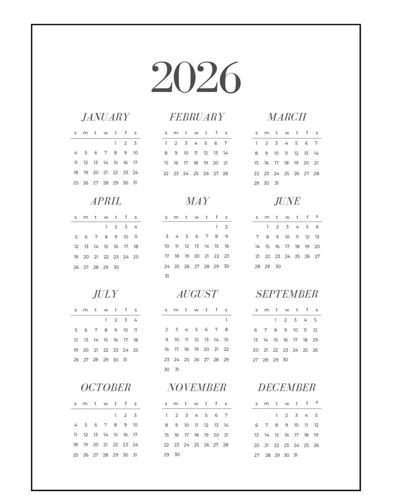 2026 Calendar Printable Minimalist A4, US Letter & Tabloid | Instant ...