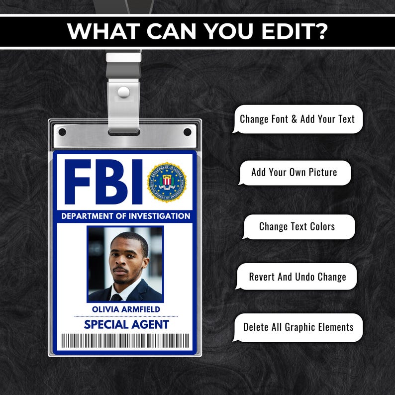 Editable FBI Agent Badge, Costume Name Tag Replica Prop - Printable PDF ...