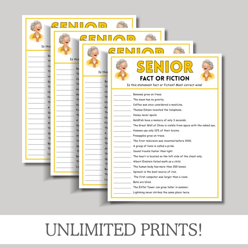 Senior Fact or Fiction Game, Printable Brain Challenge, Brain Game for ...