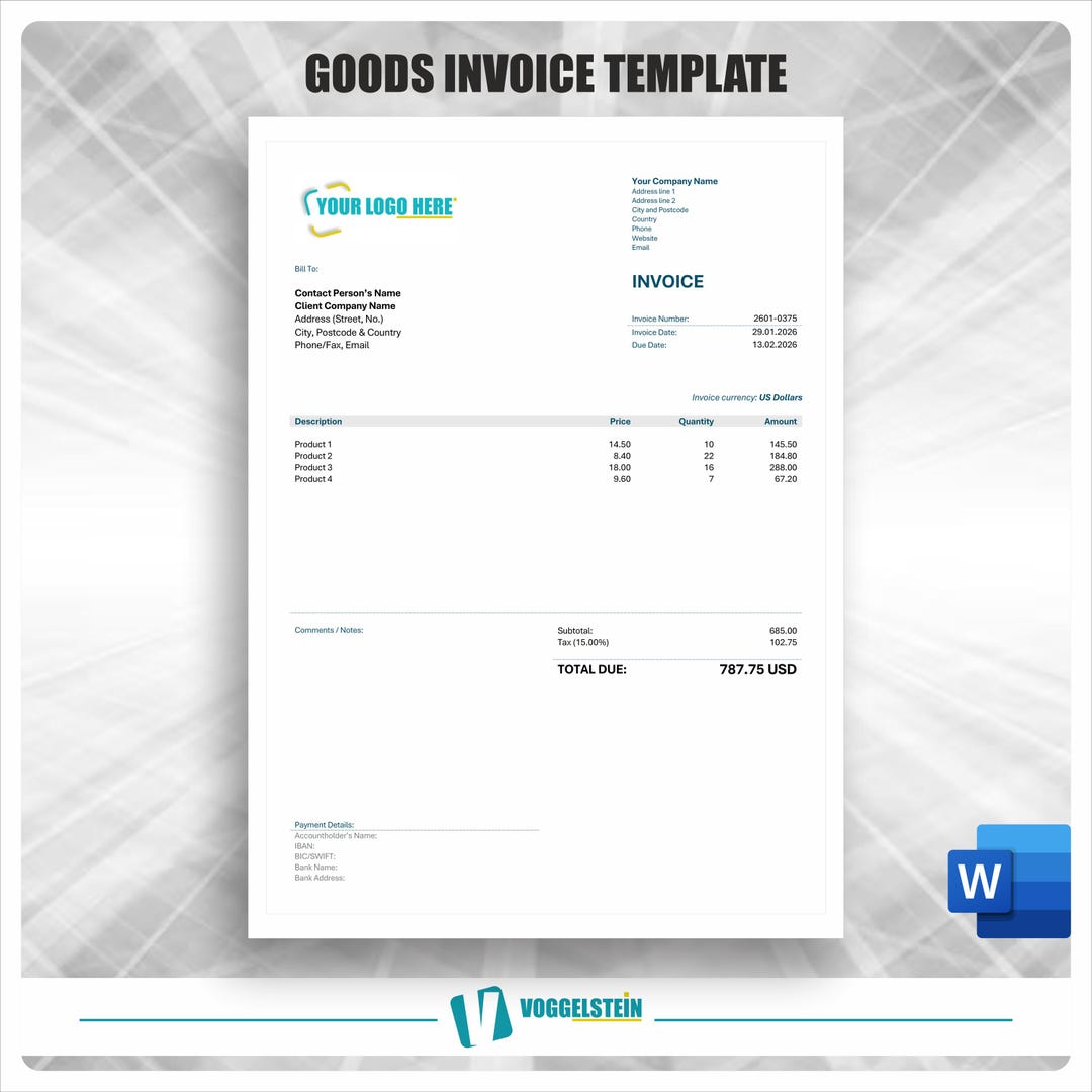 Goods Invoice Template – Microsoft Word | Product Invoice | Printable ...