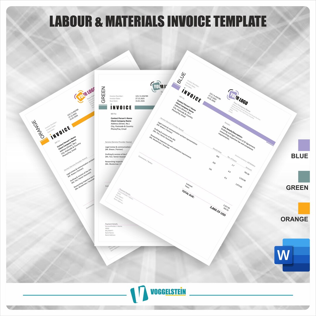 Editable Labor & Material Invoice Template – Contractor Billing DOCX (3 ...