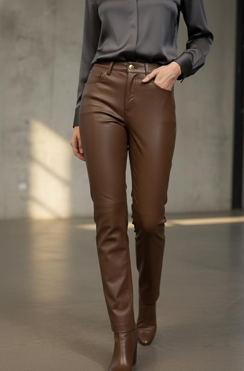 Elegantes Braune Lederhose Kombinieren Bilder