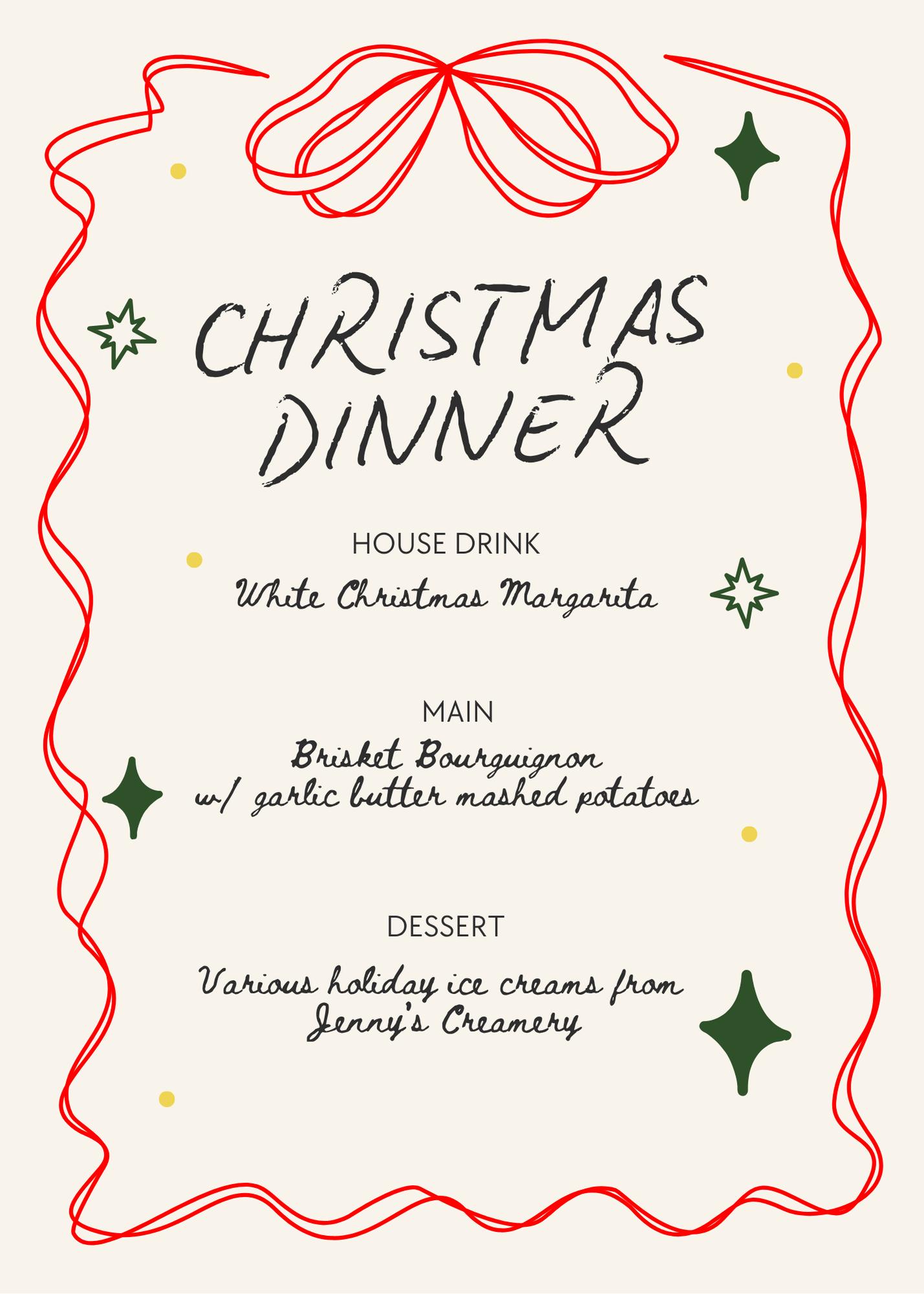 Christmas Dinner Menu Template, Holiday Party Card Wave, Food Menu ...