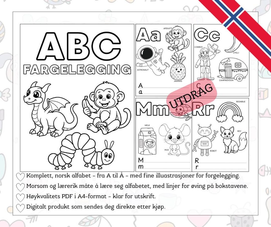 ABC Fargeleggingsark - Norsk Alfabet A–Å - Lær Bokstaver Med ...