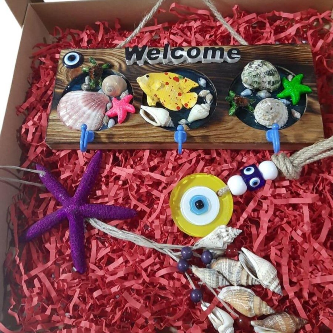Boho Seashell Welcome Sign, Evil Eye Charm, Coastal Decor Gift Box - Etsy