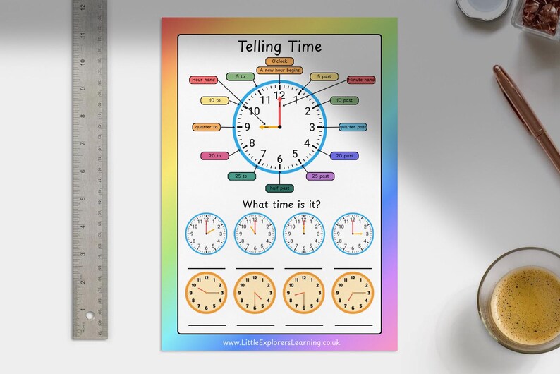 Telling Time Learning Mat (laminated) | Wipe-clean Clock Activity Sheet ...