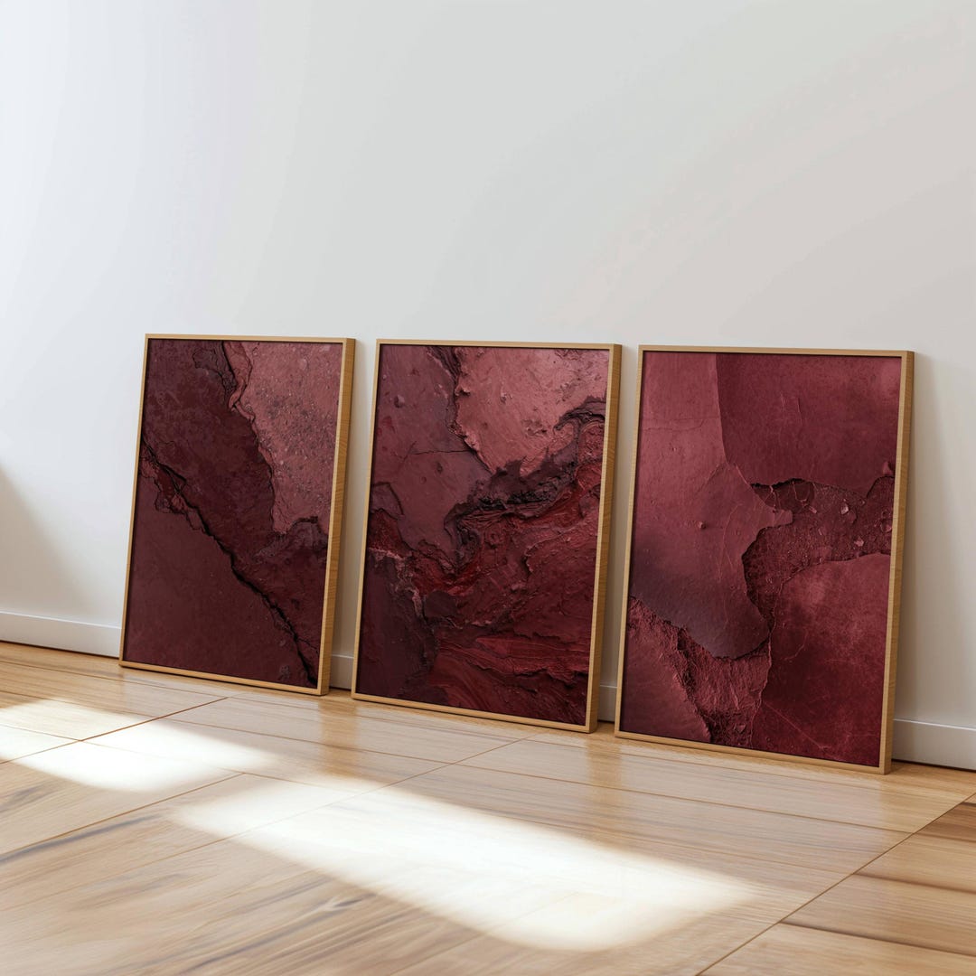 Dark Red Clay Texture Triptych Wall Art, Wine Crimson Abstract Plaster ...