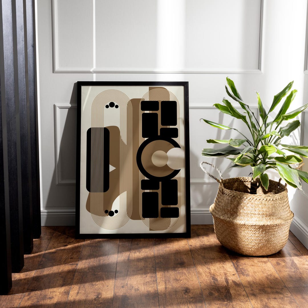 Abstract Geometric Print: Beige & Black Mid-century Modern Art (digital ...