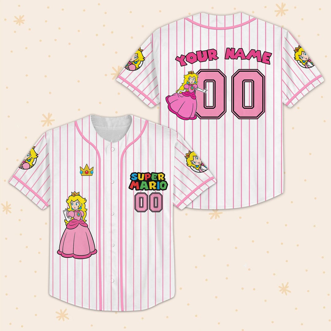 Princess Peach Baseball Print Jersey, Super Mario Game Pink Striped ...