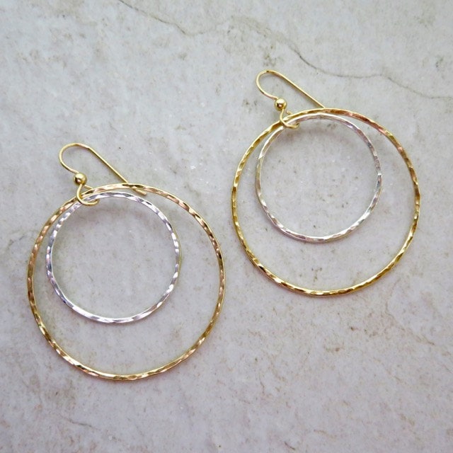 Double Hoop Earrings Gold and Sterling Silver Hammered Hoops | Etsy