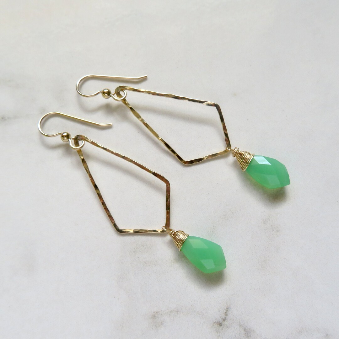 Green Chrysoprase Gemstone Kite Hoop Earrings, Gold Hoops, Gift for Her ...