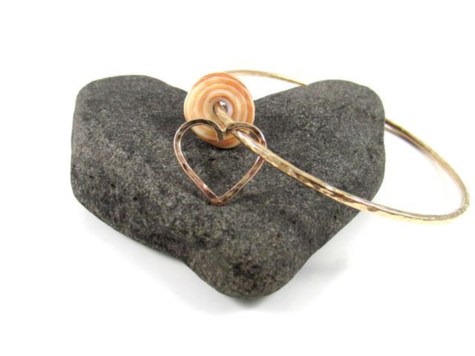 Hawaiian Puka Shell Bangle: Gold Hammered Heart, Beach Jewelry - Etsy