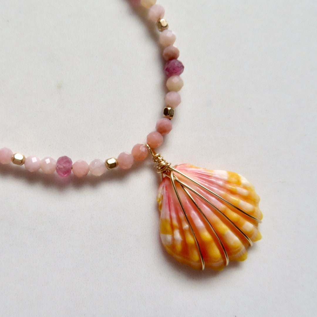 Sunrise Shell Necklace, Pink Tourmaline Gemstones, Gold Chain, Wire ...