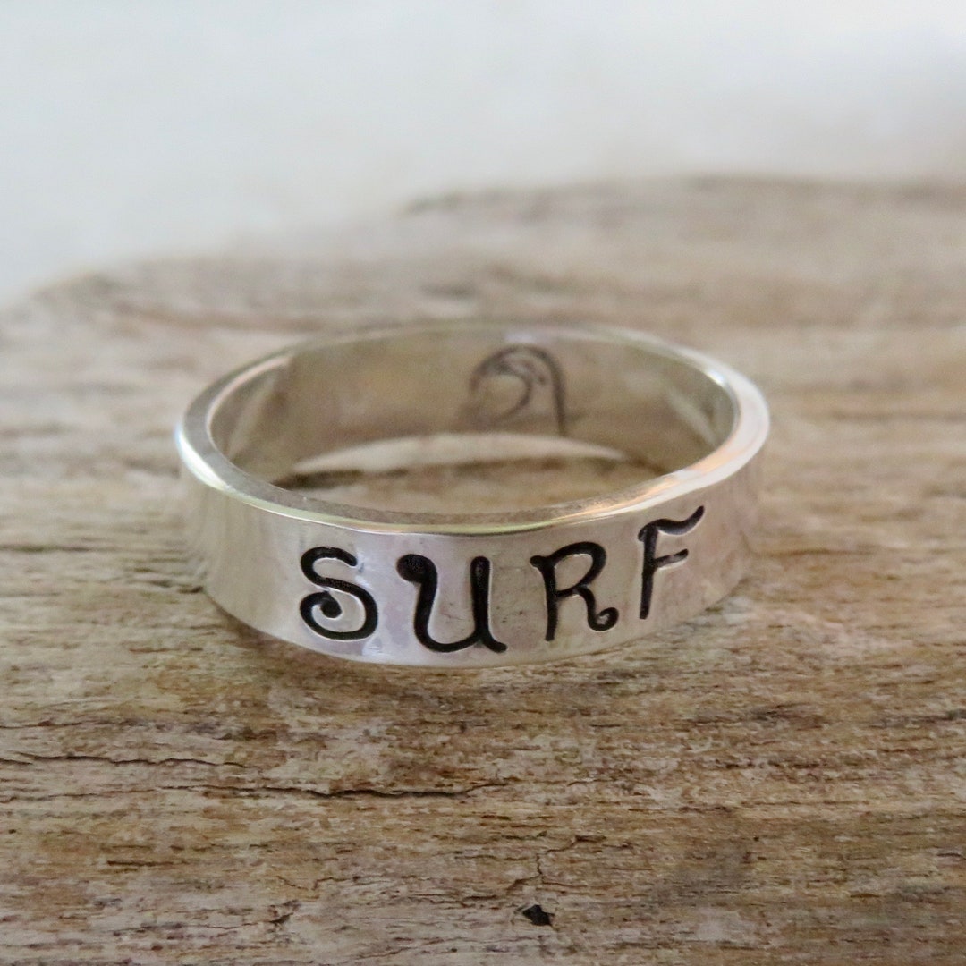 SURF Wave Ring, Sterling Silver Wide Band, Hand Stamped, Surfer Girl ...