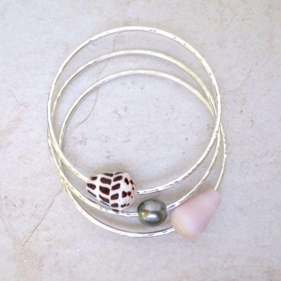 3 Sterling Silver Bangles, 1 Tahitian Pearl, 2 Hawaiian Shells, Thick ...