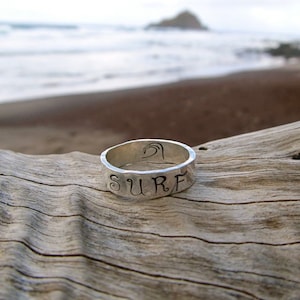 SURF Wave Ring, Sterling Silver Wide Band, Hand Stamped, Surfer Girl ...
