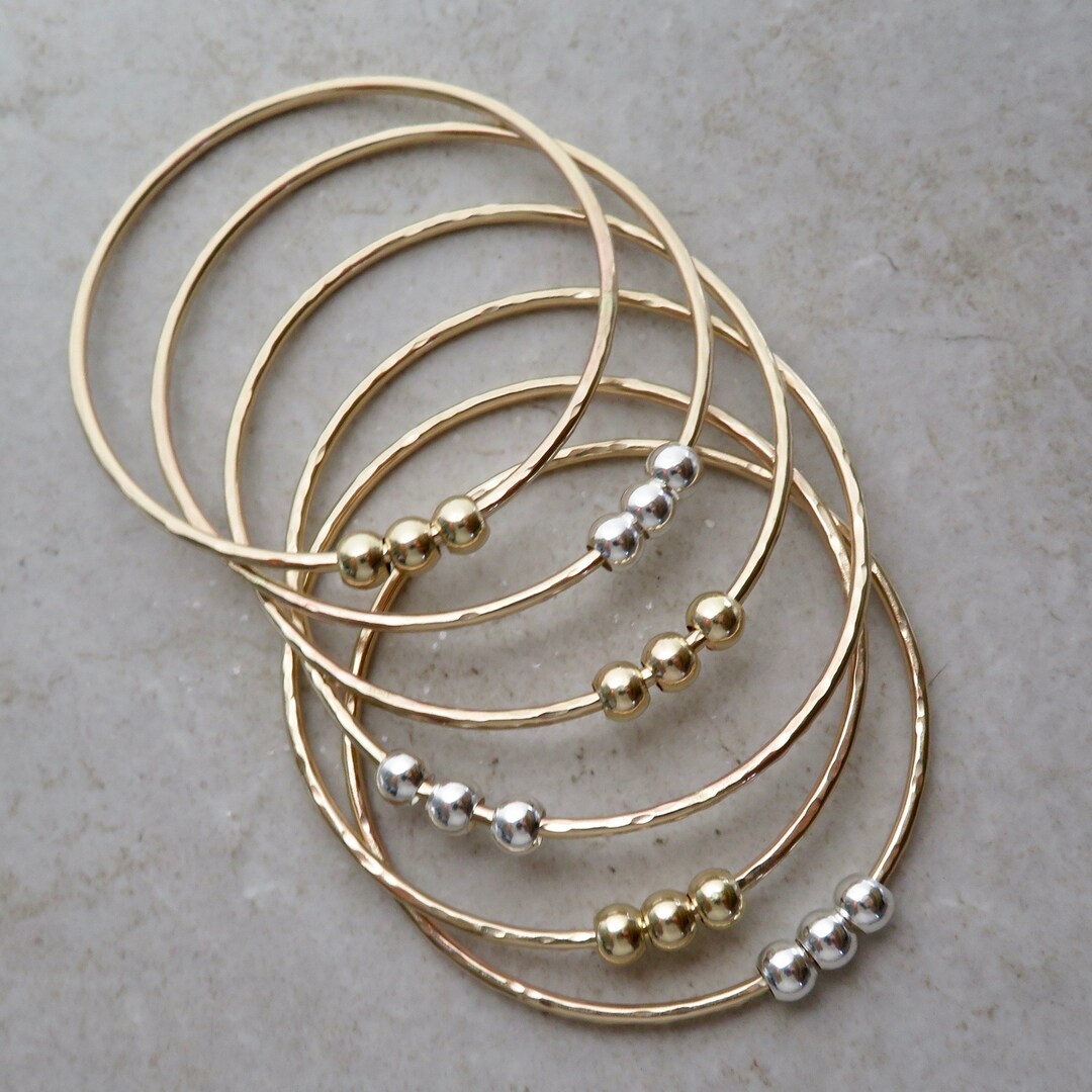 Gold Bangles, 3 Hammered Bracelets, Gold or Silver Beads, Elegant Gift ...