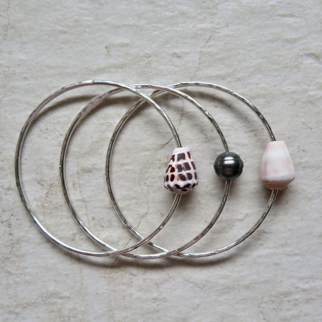 Sterling Silver Bangles, 1 Tahitian Pearl, 2 Hawaiian Shells, Hammered ...